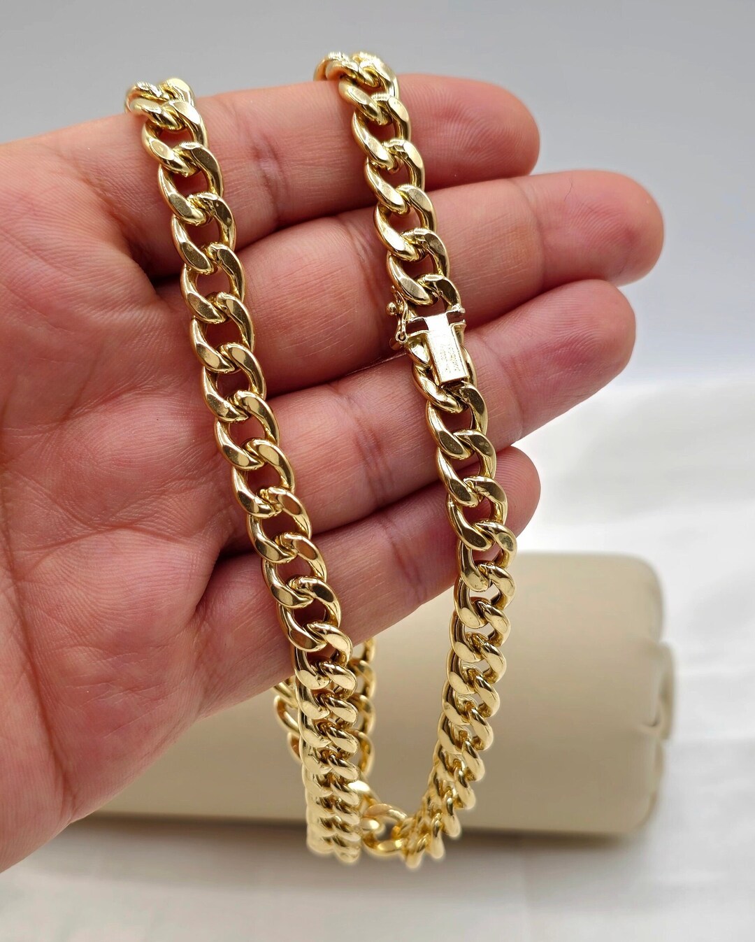 18K Solid Gold Miami Cuban Chain Necklace, Real 18K Gold Curb Links ...