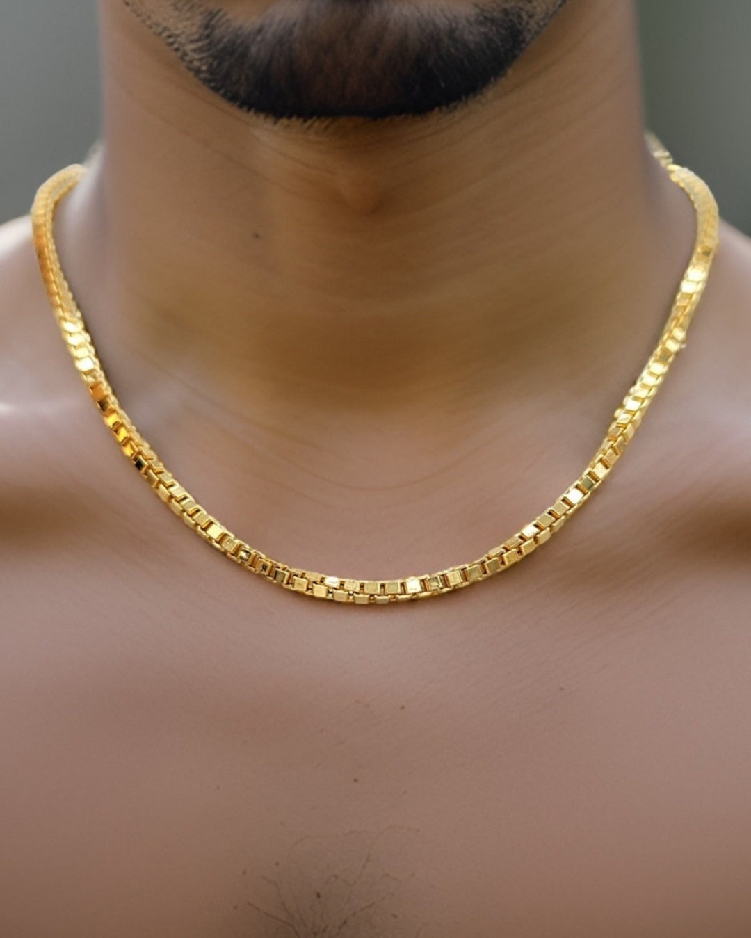 18K Solid Gold Box Chain Necklace – 3mm Square Link Unisex - Etsy