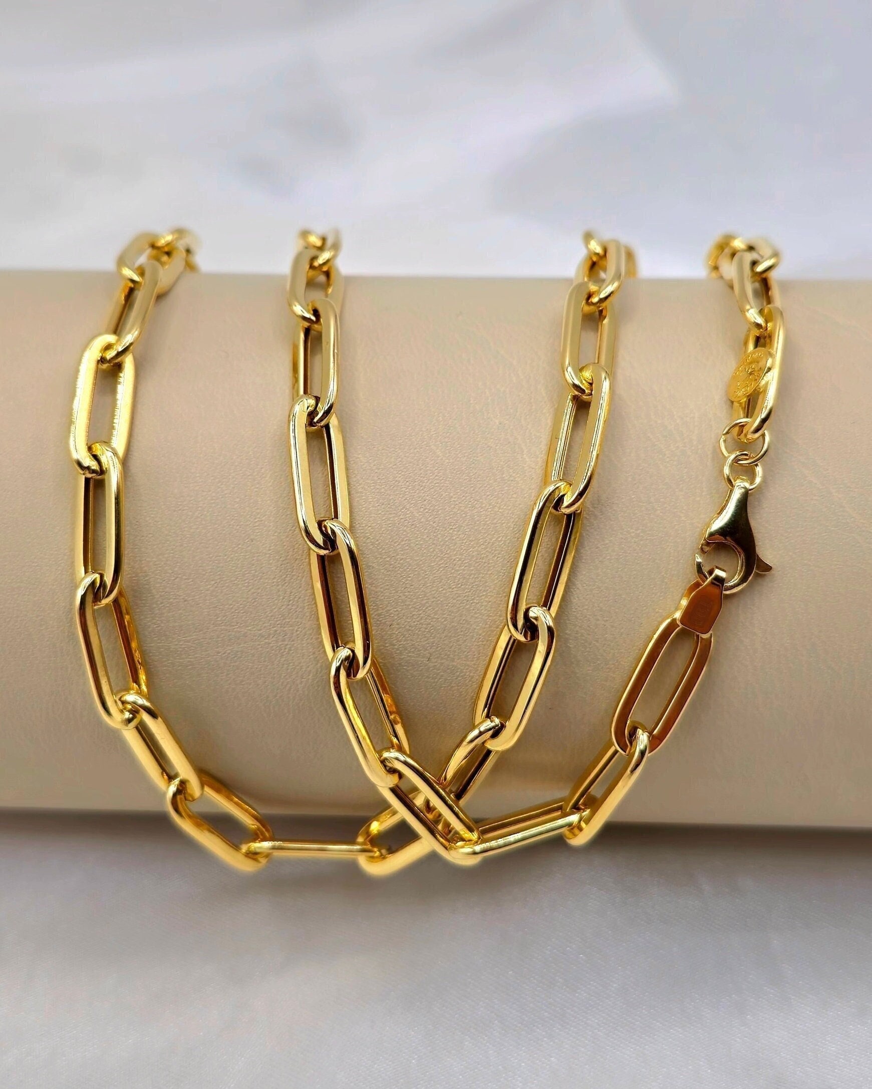 18K Solid Gold Paperclip Chain Necklace Real 18K Yellow Gold Paperclip Links Chain 6.5mm Thick Chain Real Gold Chain for Men and Women