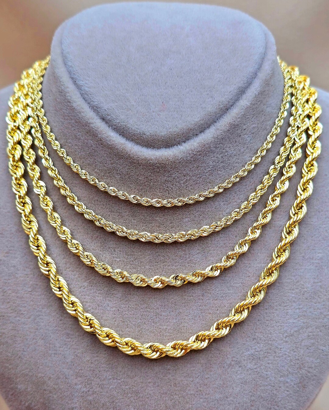 18K Solid Gold Rope Chain Necklace, Real 18K Yellow Gold Rope Link ...