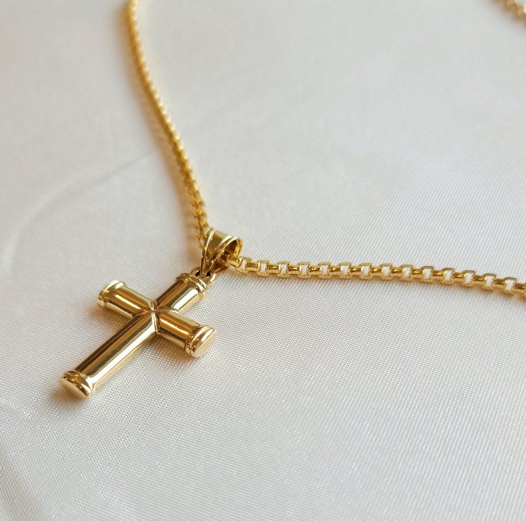 14K Solid Gold Cross Necklace 14K Solid Gold Box Chain - Etsy
