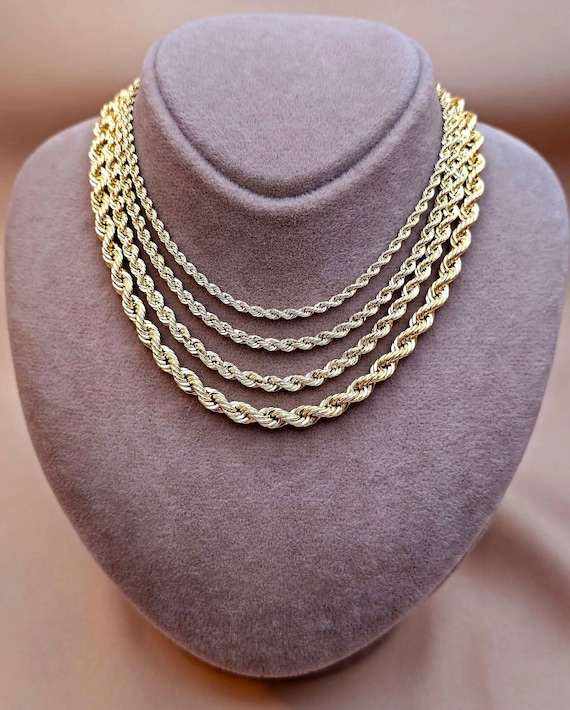 18K Solid Gold Rope Chain Necklace Real 18K Yellow Gold Rope Link Chain Diamond Cut 2mm 4.5mm 16 28