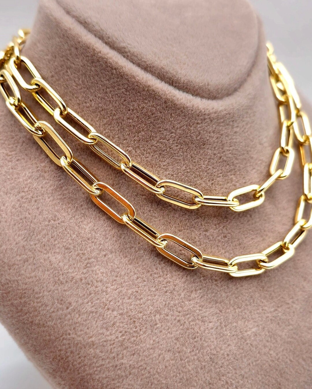 18K Solid Gold Paperclip Chain Necklace, Pure 18K Yellow Gold Link ...