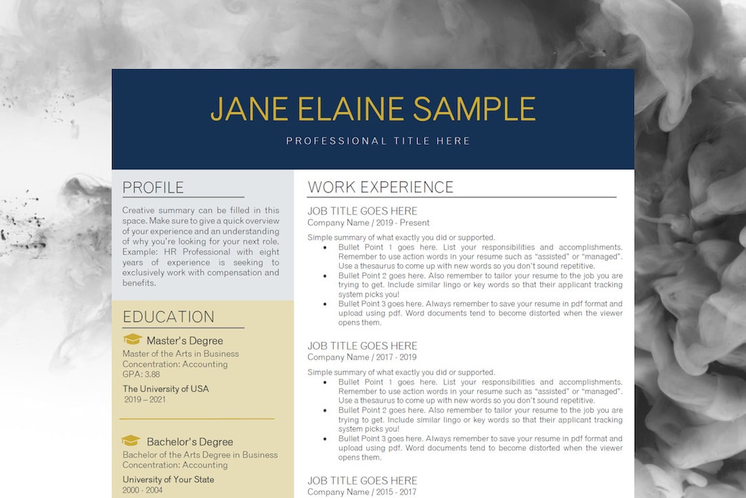 Modern Navy Blue and Gold Editable Professional Resume Template - Etsy