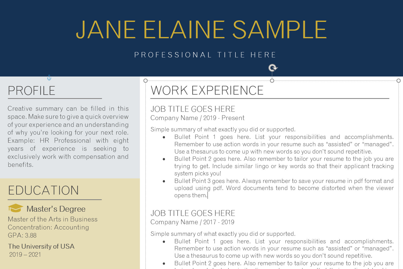Modern Navy Blue and Gold Editable Professional Resume Template - Etsy