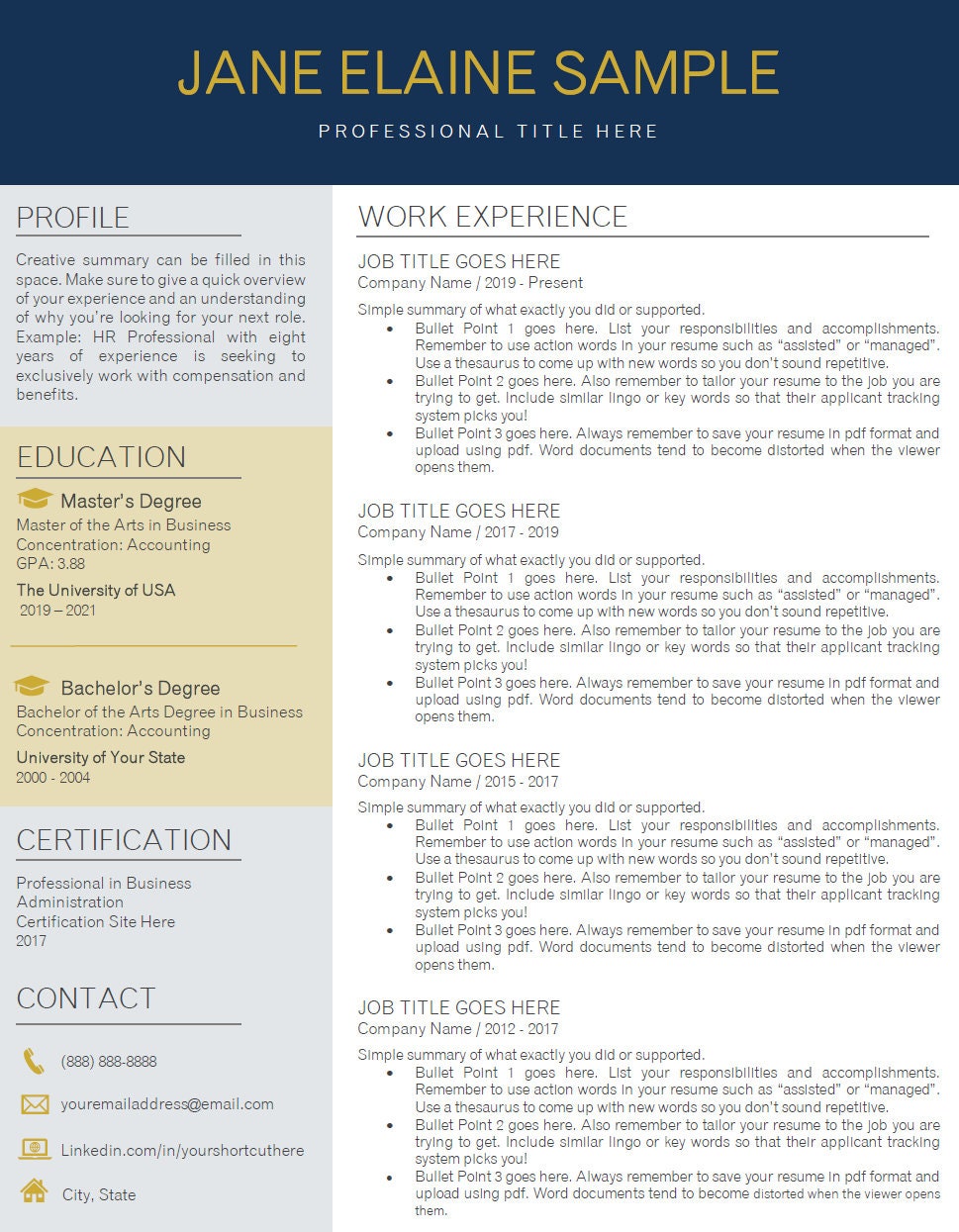 Modern Navy Blue and Gold Editable Professional Resume Template - Etsy