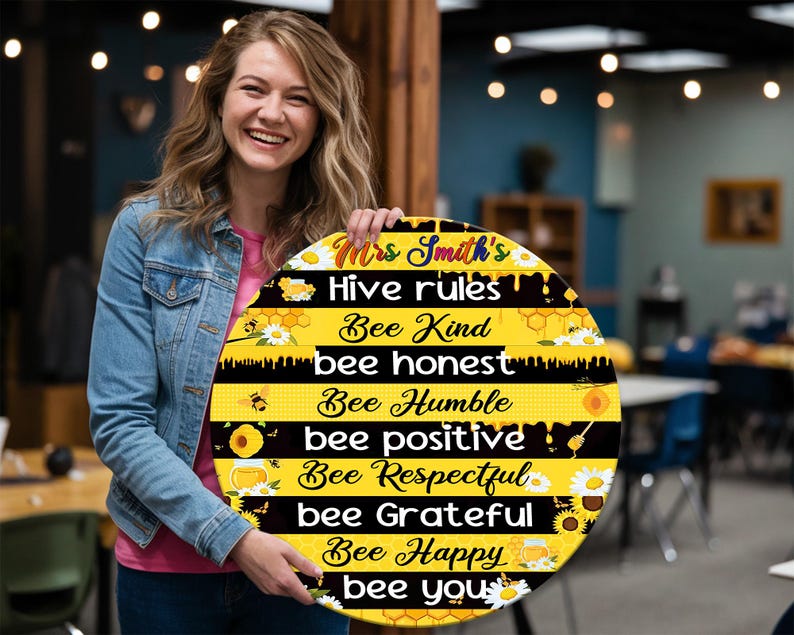 Bee Sign Hive Rules, Bee Classroom Decor, Personalized Teacher Name ...