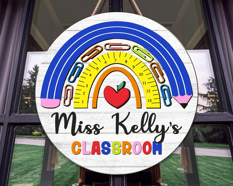 Teacher Back to School Sign, Rainbow Classroom Decor, Personalized ...