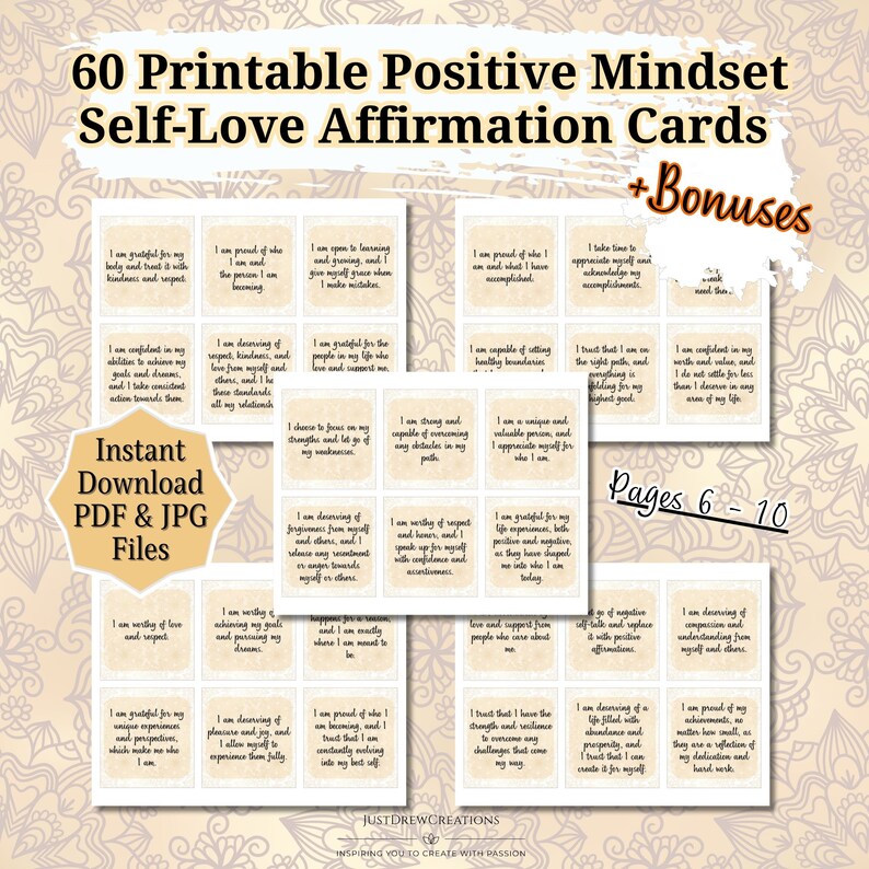 60 Digital & Printable Positive Affirmation Cards Self-love and ...