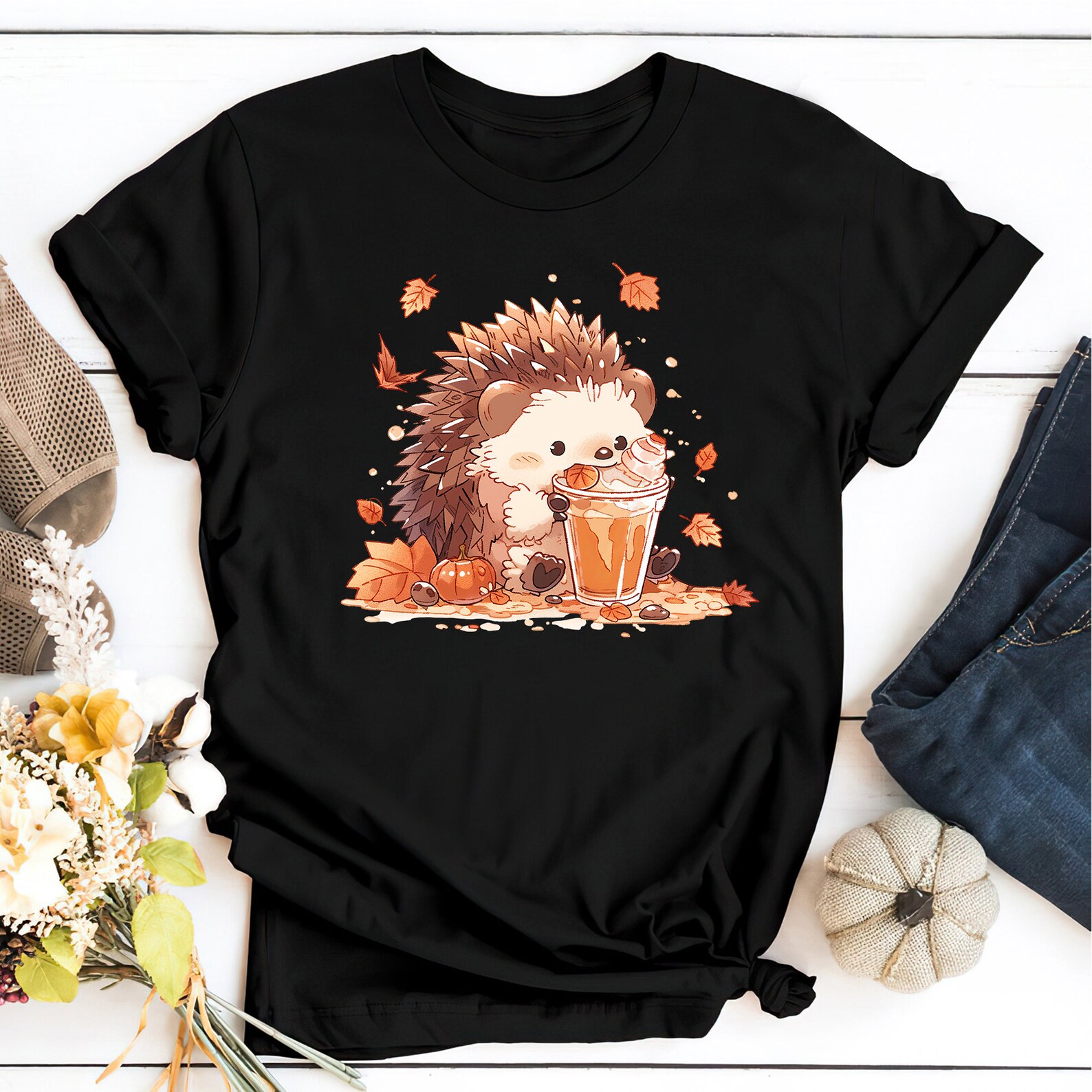 Cute Hedgehog Fall Shirt, Hedgehog Drinking Coffee Latte Shirt ...