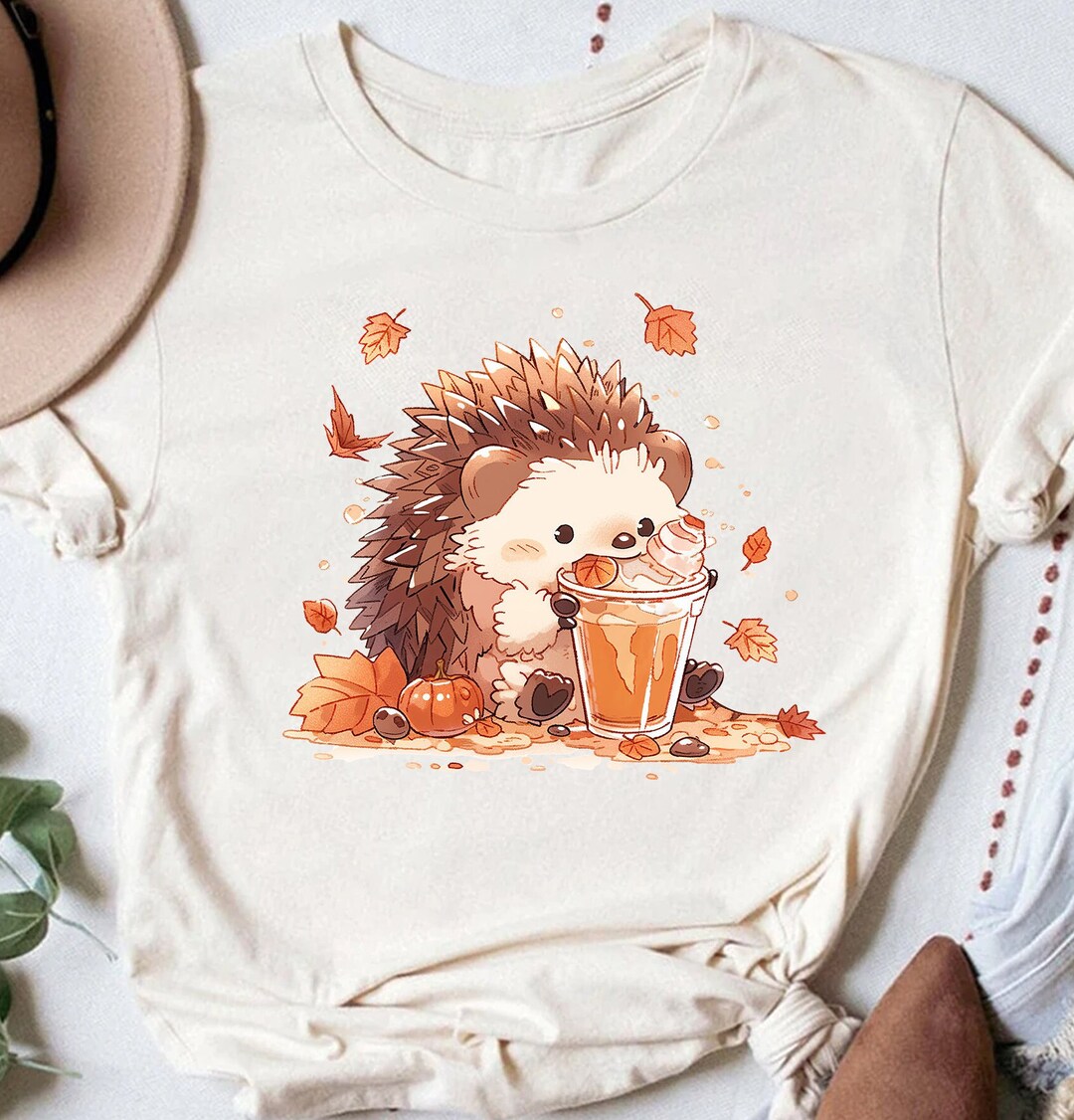 Cute Hedgehog Fall Shirt, Hedgehog Drinking Coffee Latte Shirt ...