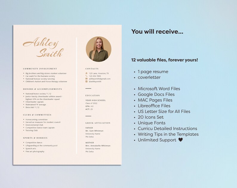 Sorority Resume Template With Photo, Social Resume, Rush Resume ...