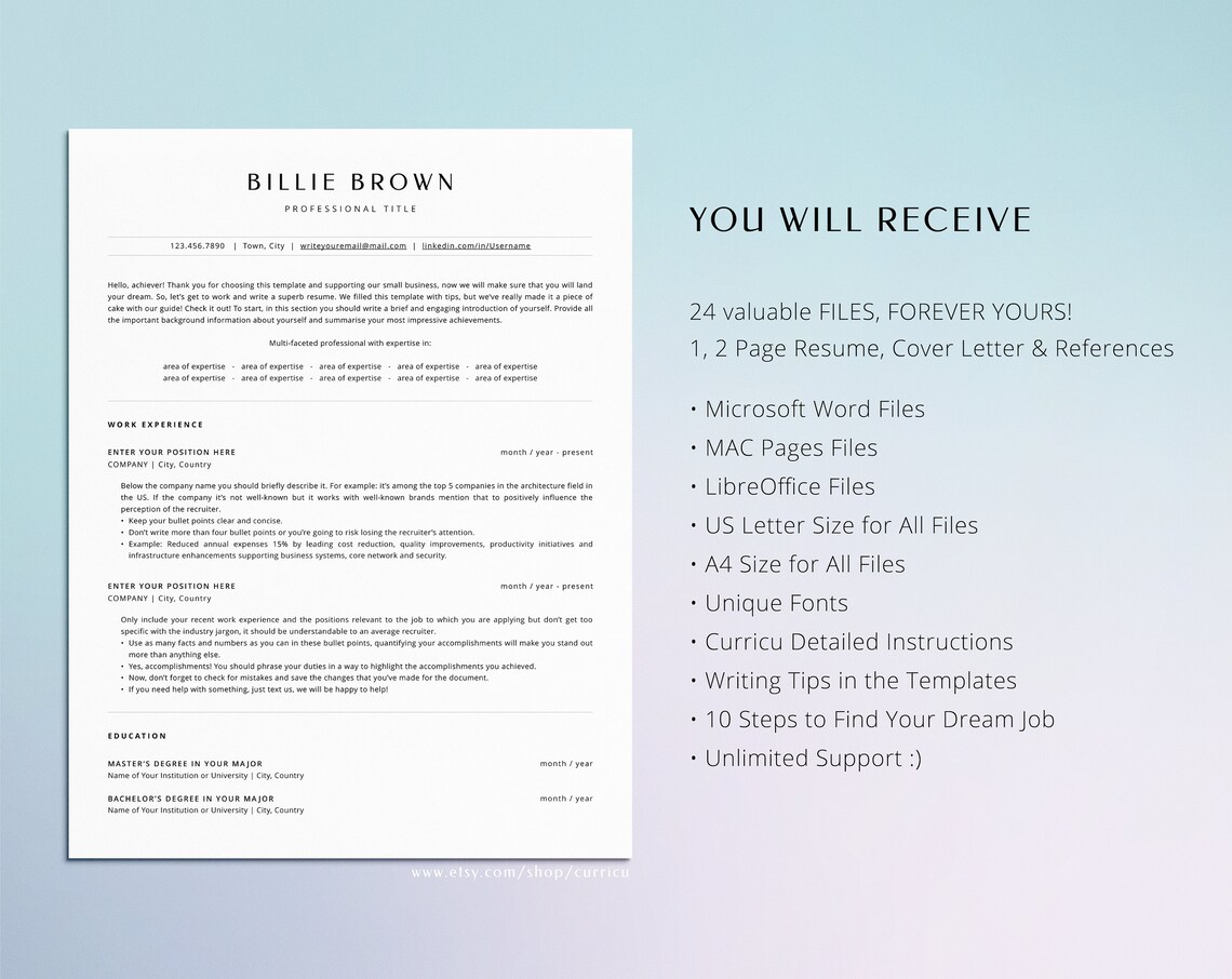 ATS Friendly Resume Template for Microsoft Word, Pages Cover Letter and ...