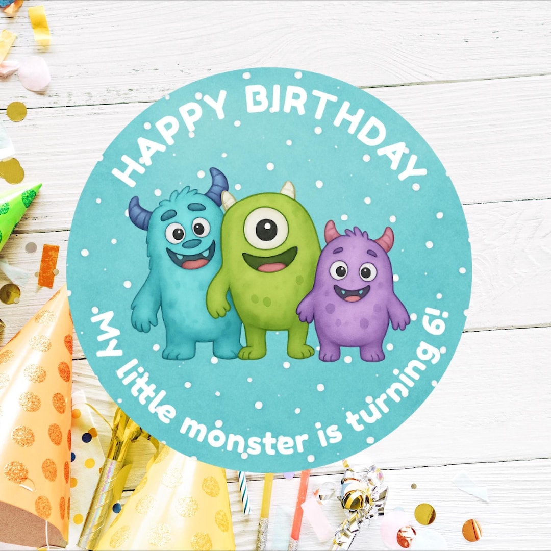 Monsters Birthday Stickers – Personalized Round Party Favor Labels ...
