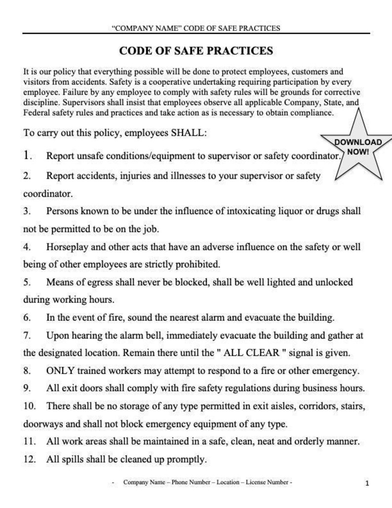 Code of Safe Practices Word-template - Etsy