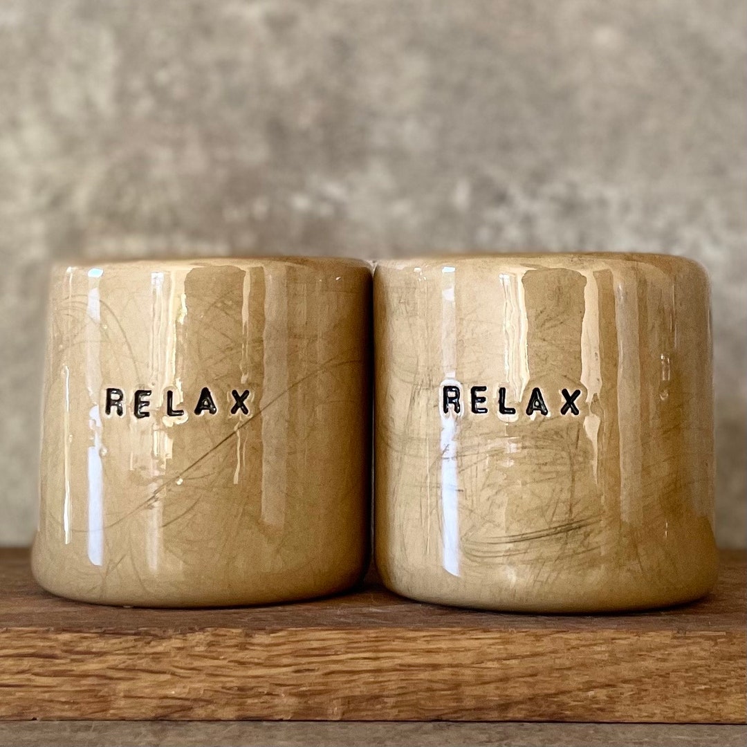 Handmade Stoneware Mug Set: Handleless 'RELAX' Mugs, Couples Gift - Etsy