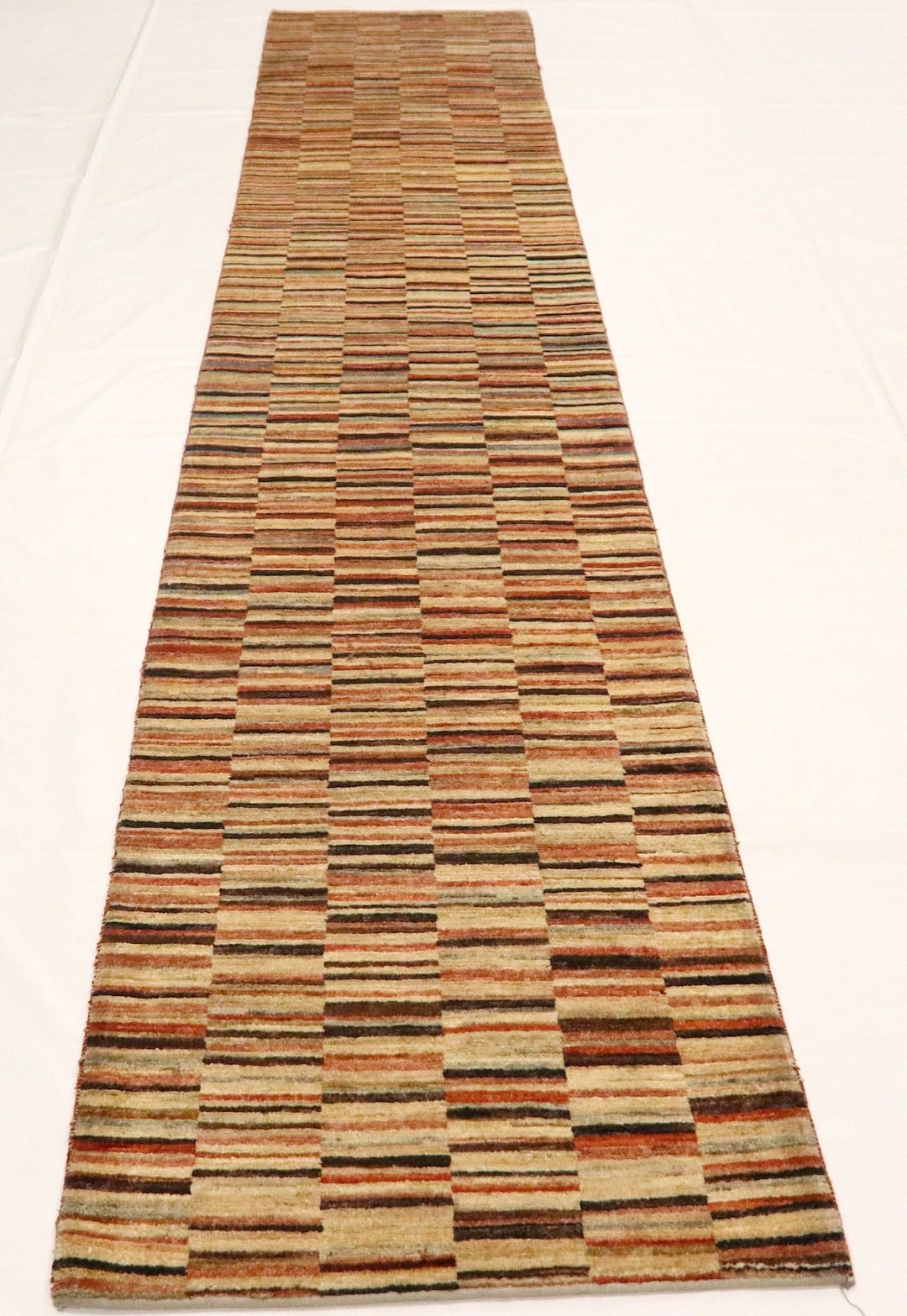 14 Ft Striped Gabbeh Runner, Light Brown Afghan Handmade Modern Wool ...