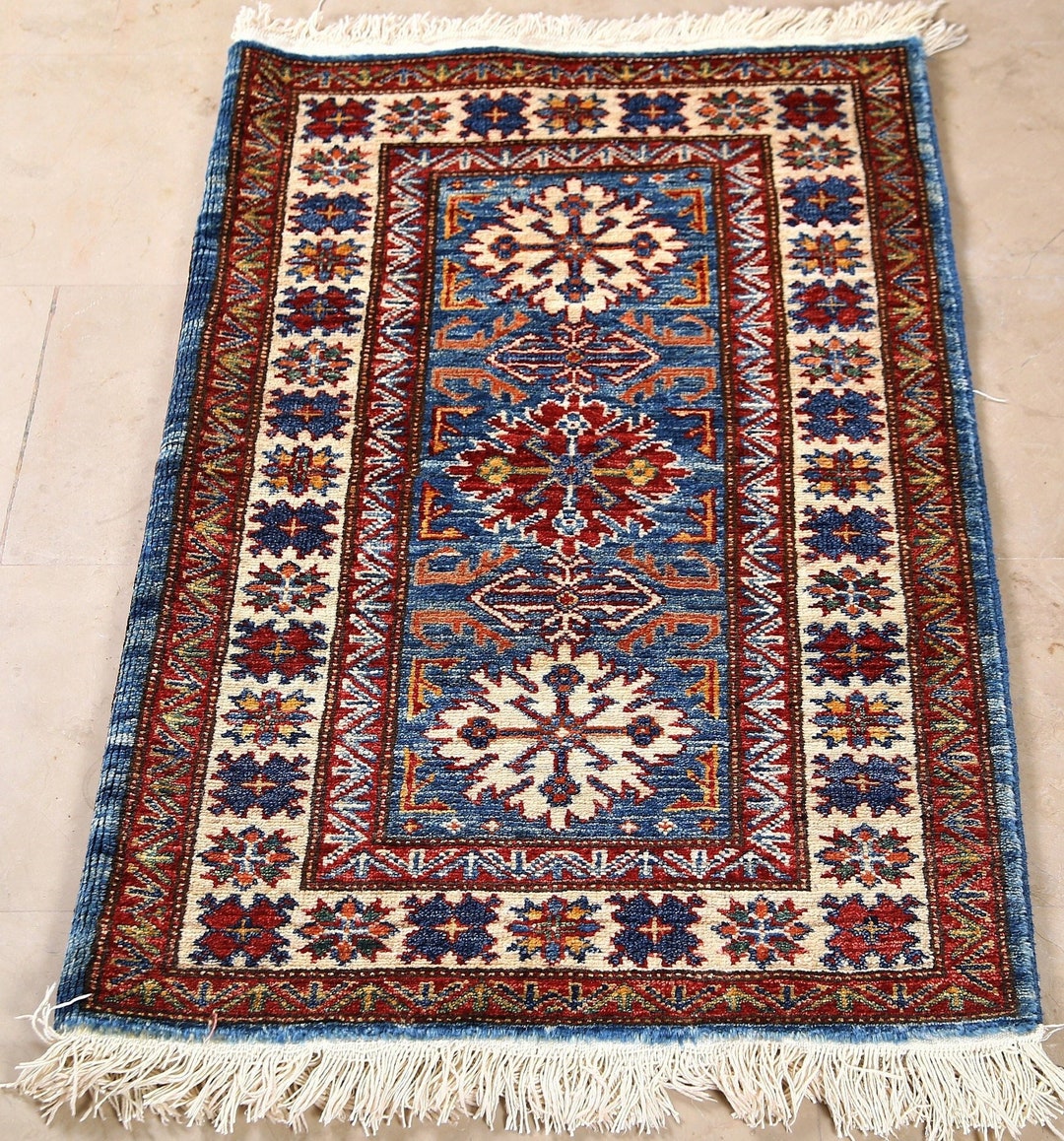 2x3 Kazak Area Rug Blue Afghan Hand Knotted Caucasian Medallion Organic ...