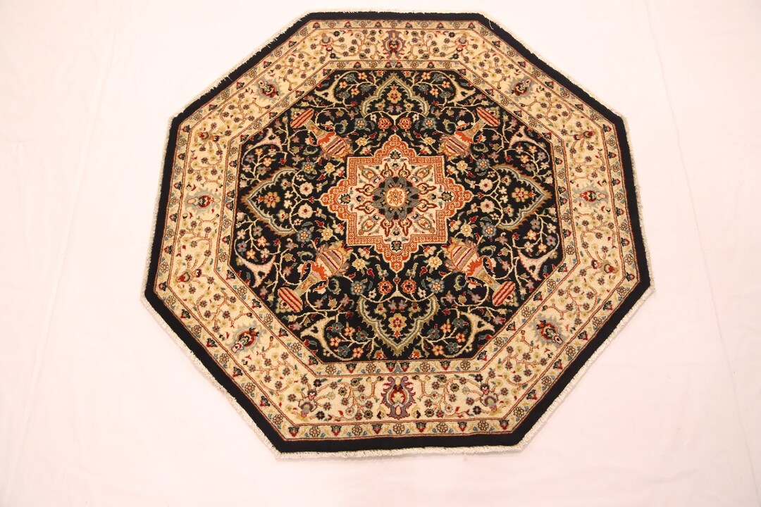 Black 4x4 Ft Octagon Persian Style Area Rug Medallion Hand Made ...