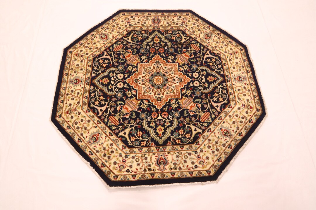 4x4 Dark Blue Persian Style Octagon Area Rug Medallion Hand Made ...