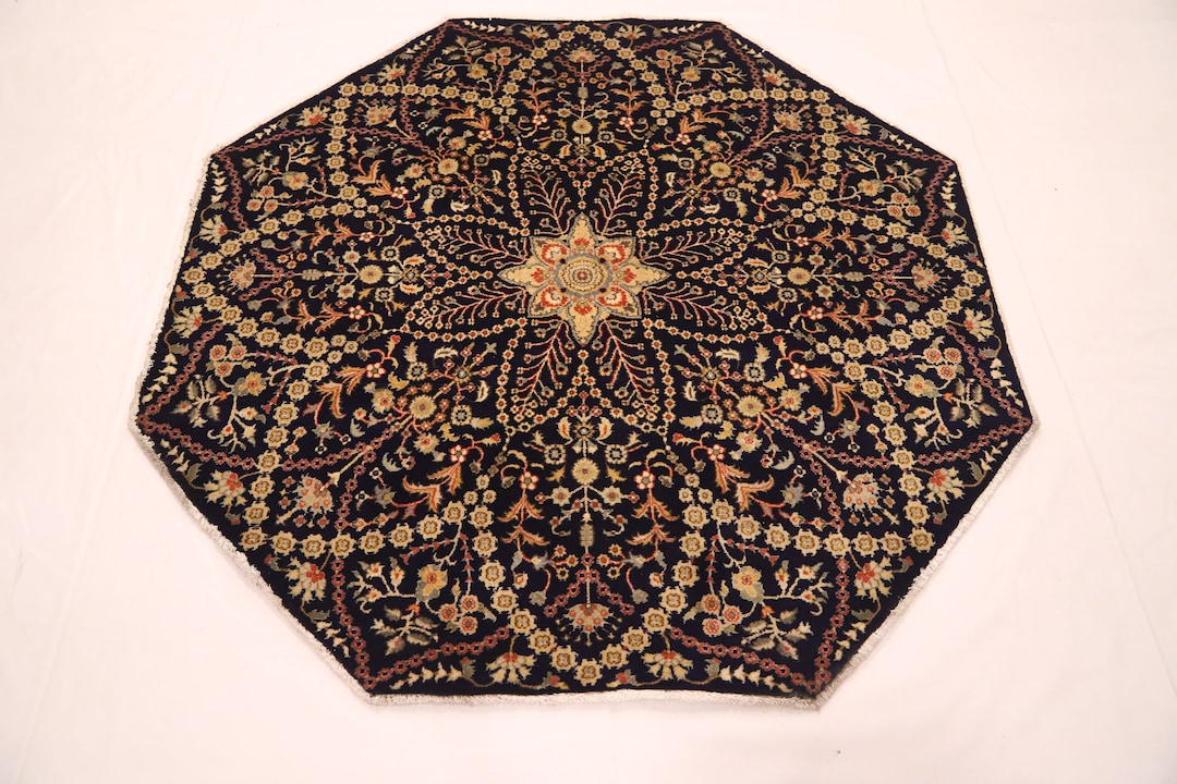 Dark Blue 5x5 Feet Octagon Persian Style Area Rug Floral Hand Made Rug ...