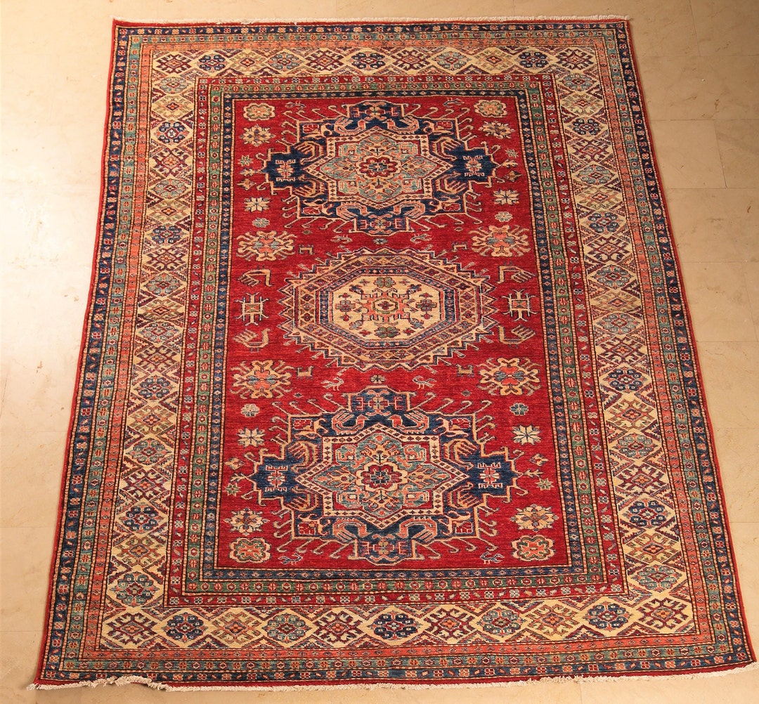 Red 6x8 Kazak Area Rug Caucasian Afghan Hand Knotted Geometric Natural ...