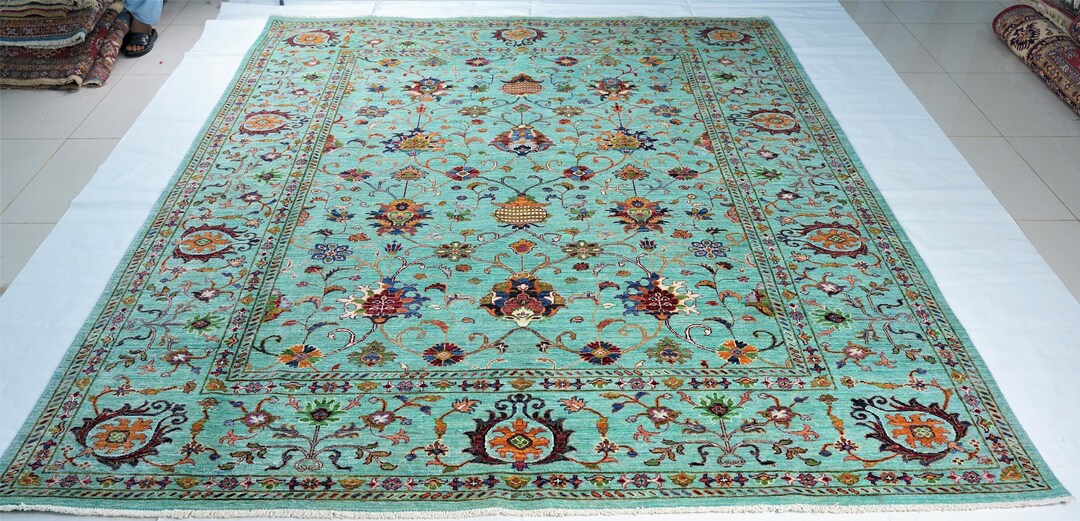 Sultani 8x10 Area Rug Cyan Blue Afghan Hand Knotted Floral - Etsy