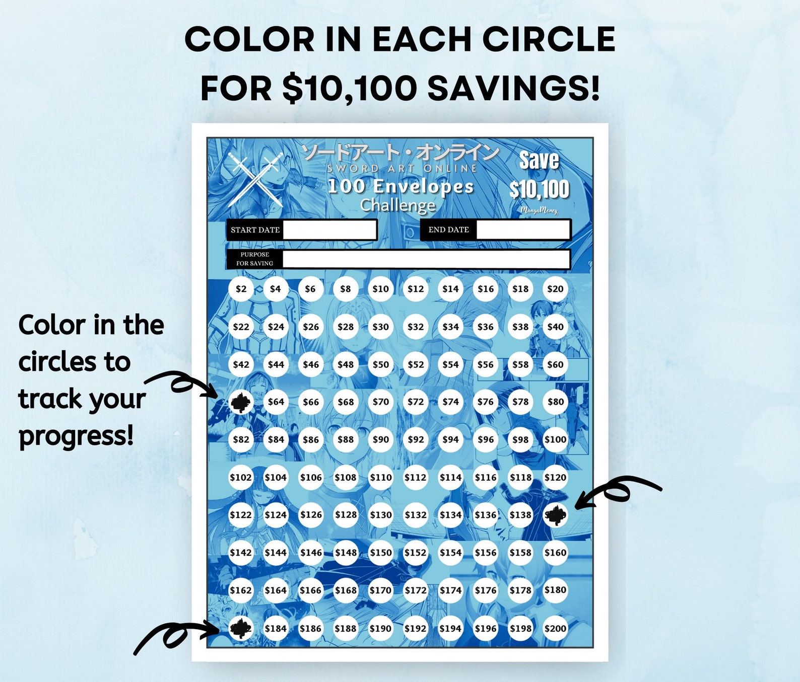 Anime 100 Envelope Challenge | Printable Savings Tracker | Save 10,100 ...