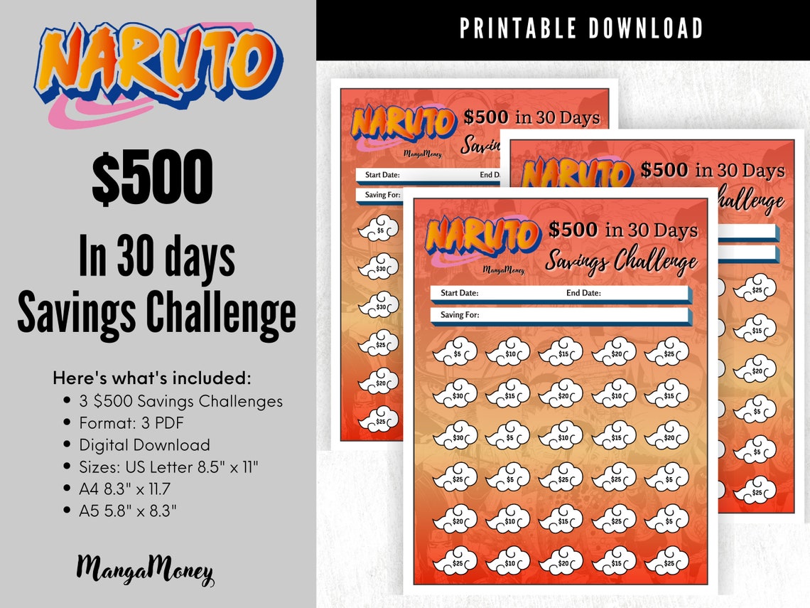 Anime Save 500 Dollars in 30 Days Anime Savings Challenge - Etsy