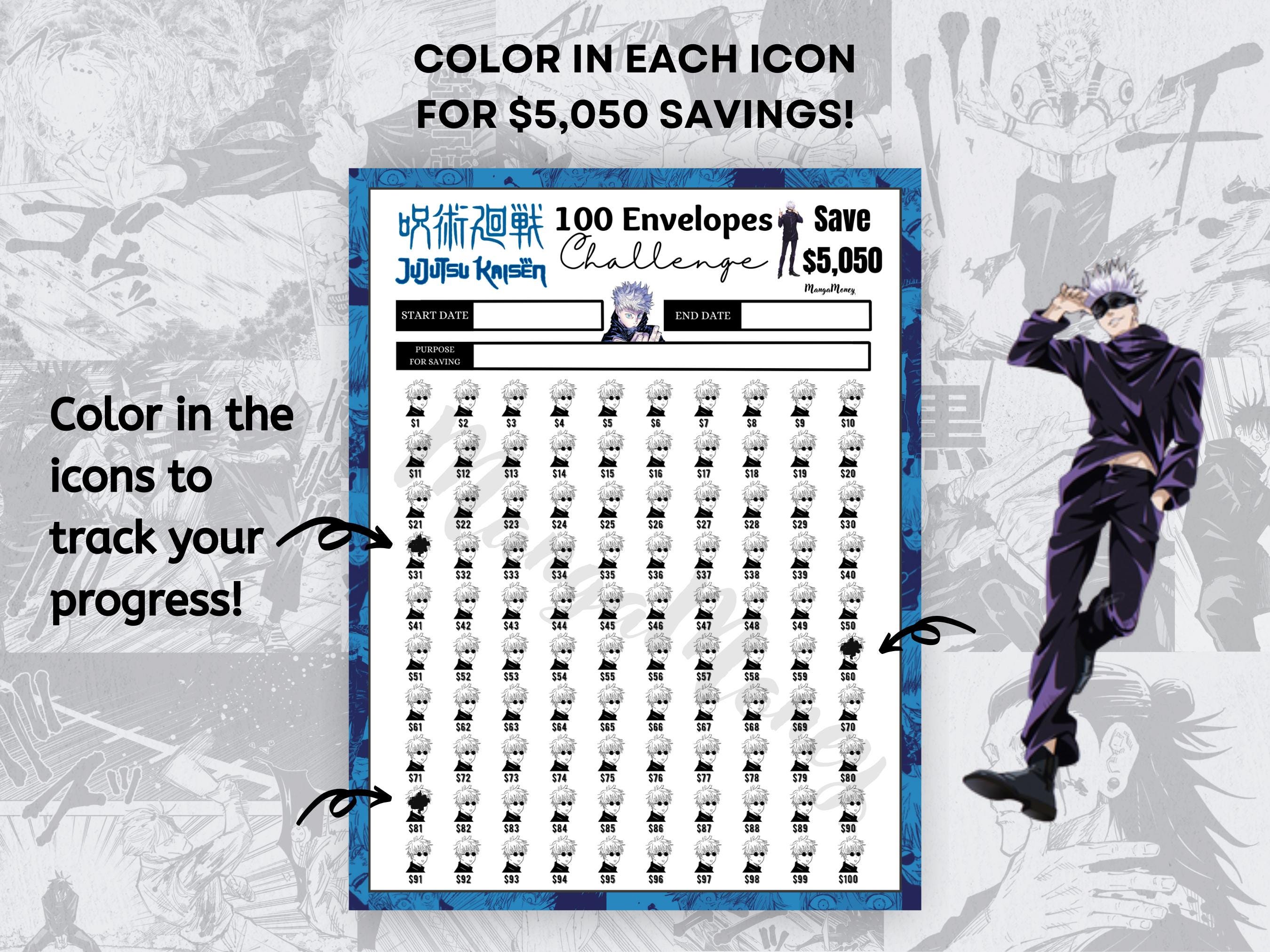 Anime 100 Envelopes Challenge | Printable Savings Tracker | Save 5,050 ...