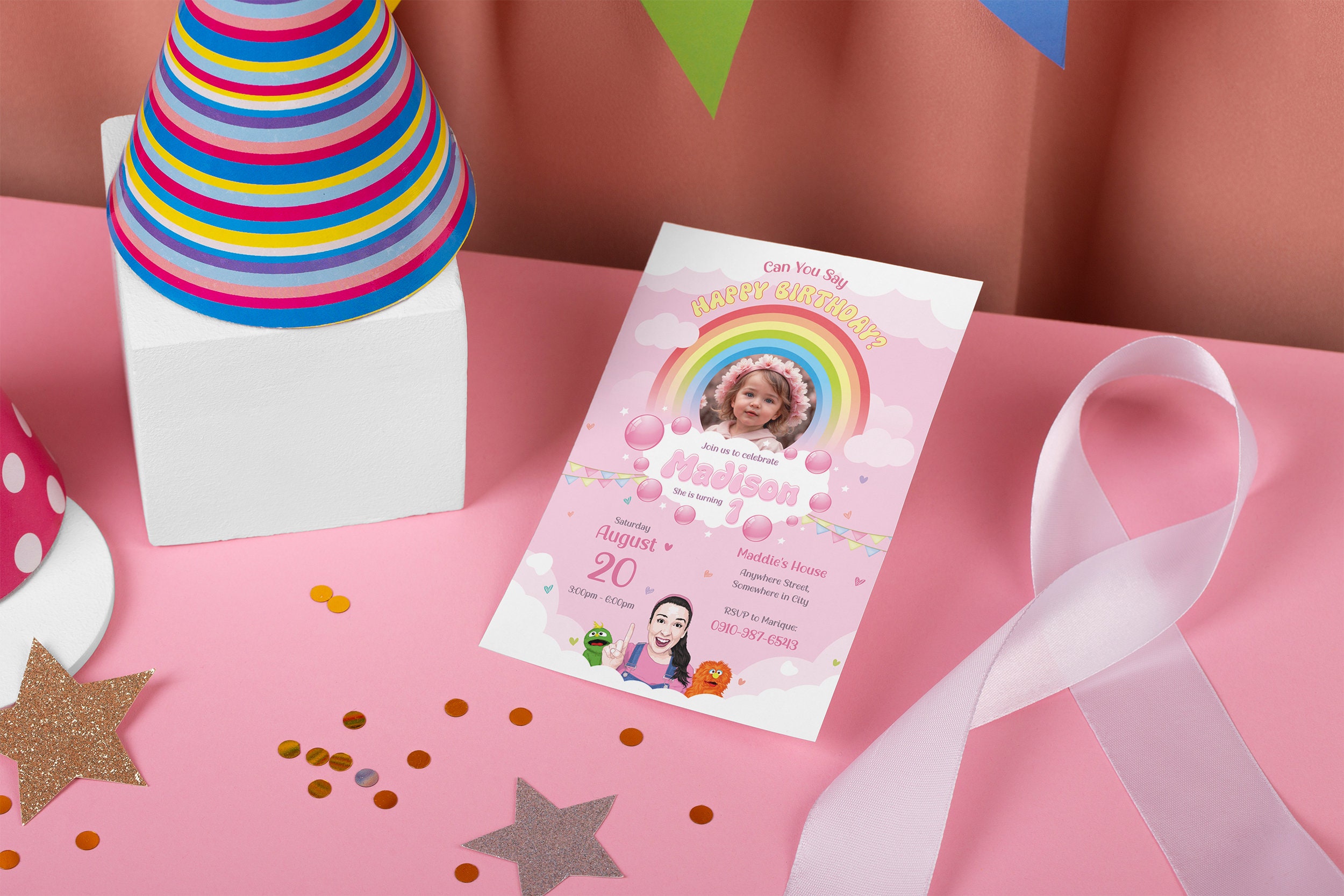 Ms Rachel Birthday Invitation Pink Pastel Girl With Puppets, High ...