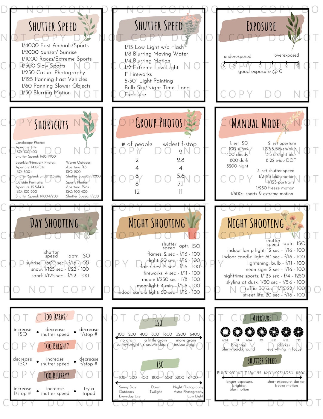 DSLR Cheat Sheet Cards Boho - Etsy