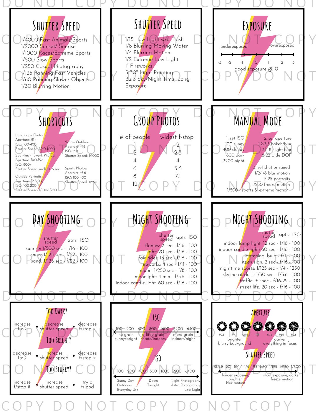 DSLR Cheat Sheet Cards Lightning Bolt - Etsy