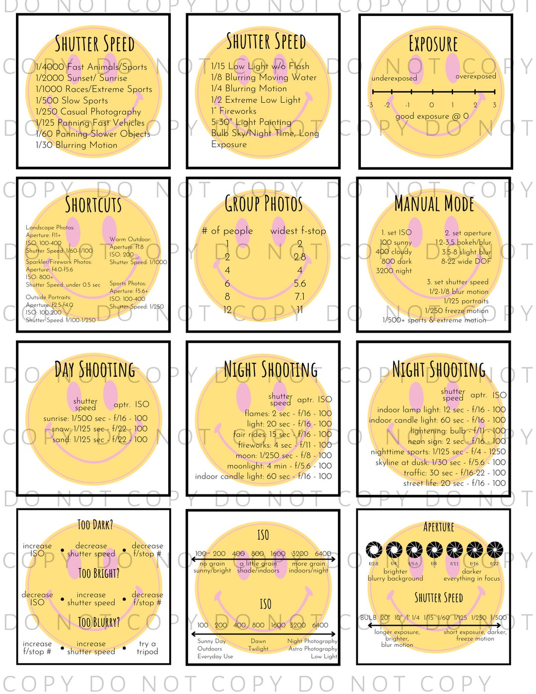 DSLR Cheat Sheet Cards Retro Smiley - Etsy