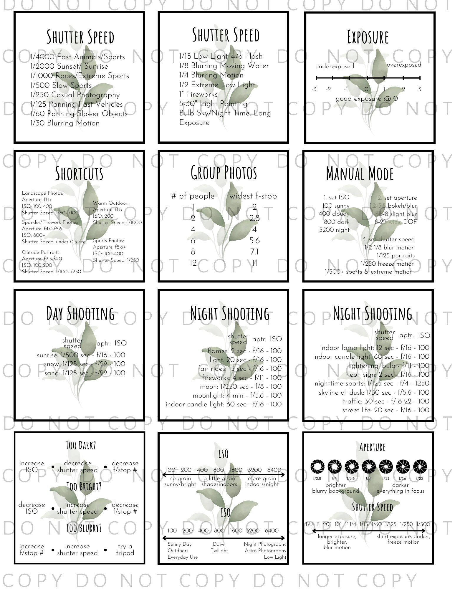 DSLR Cheat Sheet Cards - Greenery - Etsy