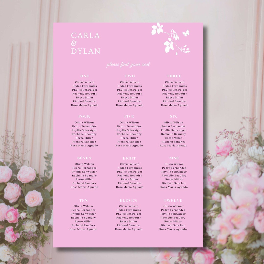 Wedding Welcome, Seating Chart, Guest List Editable Template, Cute Pink ...