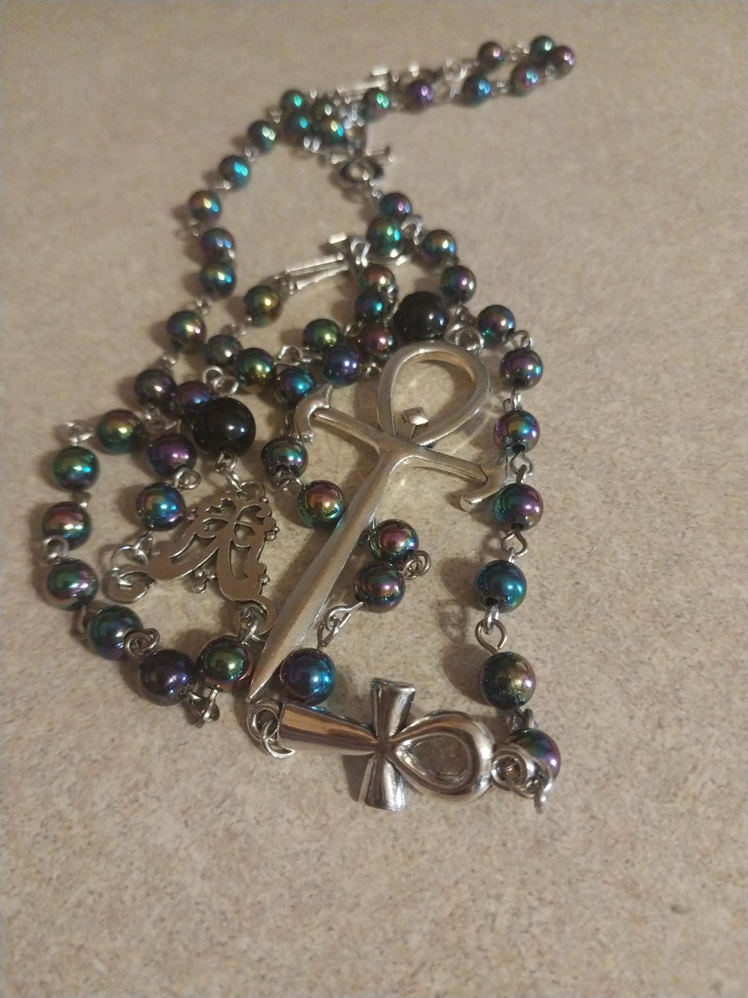 Handmade Ankh Rosary | Black Onyx & AB Acrylic Beads | Filigree ...