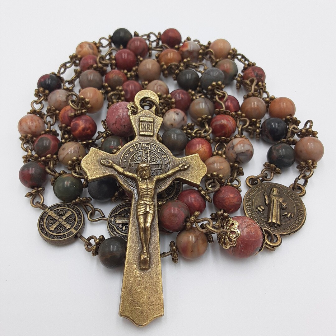 Picasso Jasper Rosary: Bronze St. Benedict Centerpiece, Handmade - Etsy