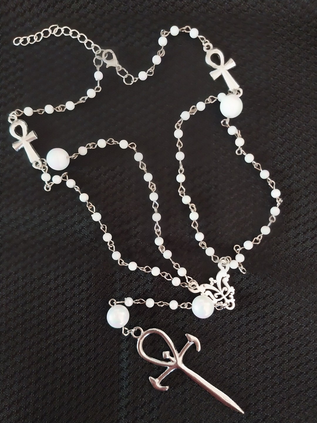 Handmade Ankh Rosary Necklace: White Acrylic Beads, Egyptian Jewelry - Etsy