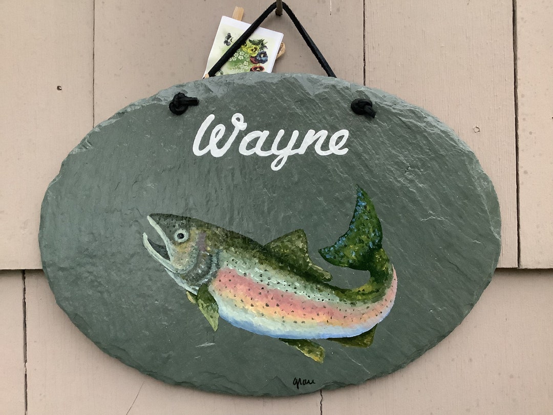 Hand Painted Wayne Rainbow Trout Fishing 12.5 X 8.5 Large Oval Shaped ...