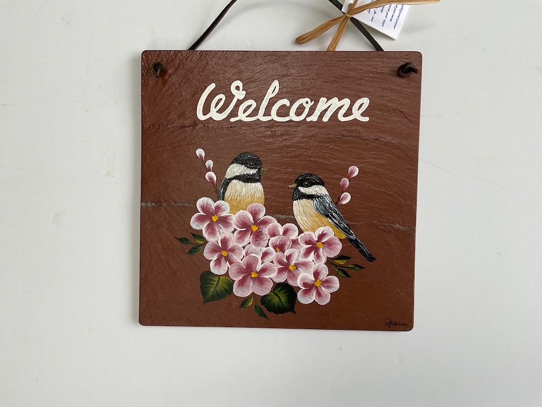 Hand Painted Chickadees on a Red 8.75 X 8.75 Inch Square Shaped Welcome ...