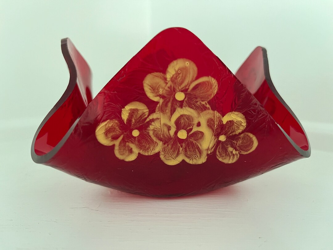 Recycled Up-cycled Hand Painted Red Art Glass Slumped Glass Dish #7 - Etsy