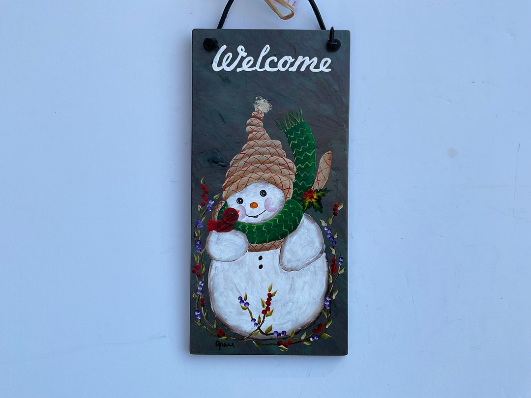 Hand Painted Gray Welcome Slate. With a Cute Snowman and Cardinal. - Etsy