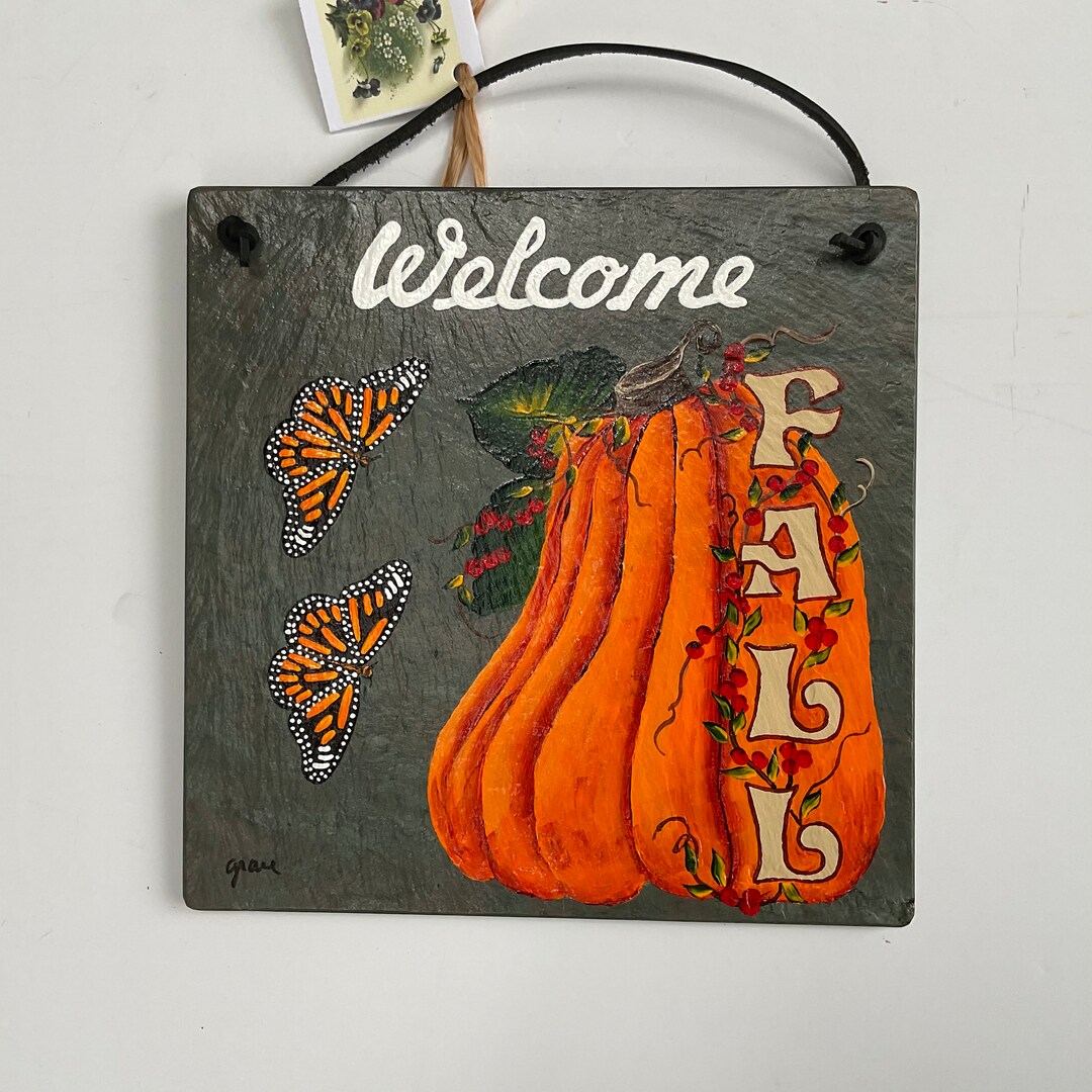 Hand Painted Square Shape Welcome Slate. Harvest Pumpkin, Monarch ...