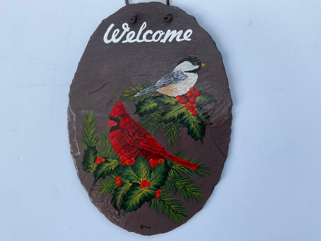 Hand Painted Chickadee and Cardinal on Pine Branches 12.5 X 8.5 Large ...