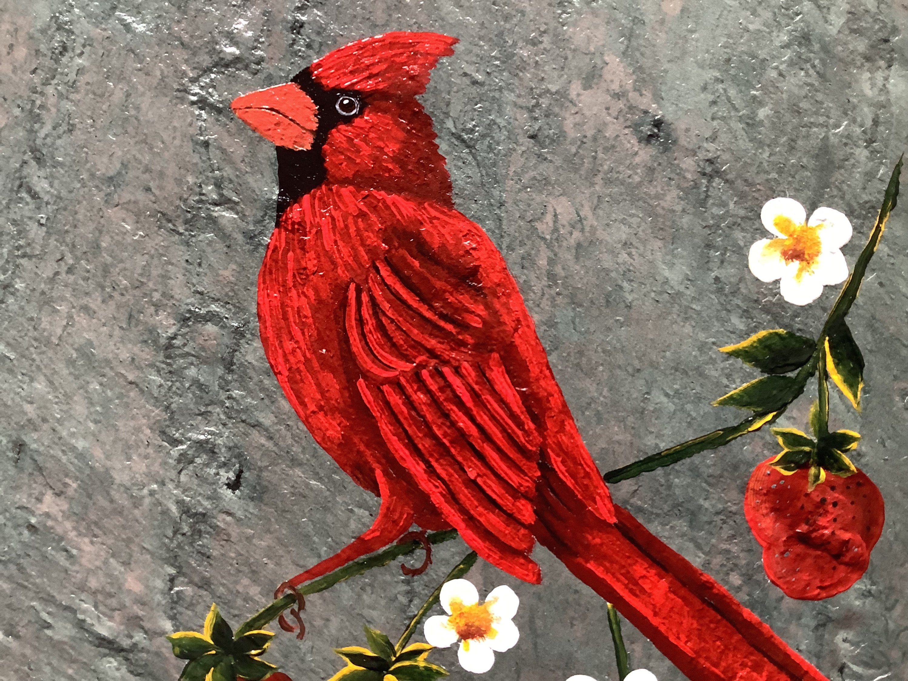 Hand Painted Male Cardinal and Strawberries 8.75 X 8.75 Inch Square ...