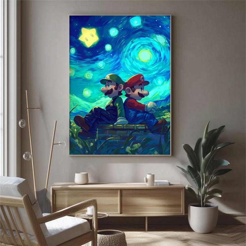 Mario Bros. Starry Night Poster: Van Gogh Style Gaming Art (digital ...