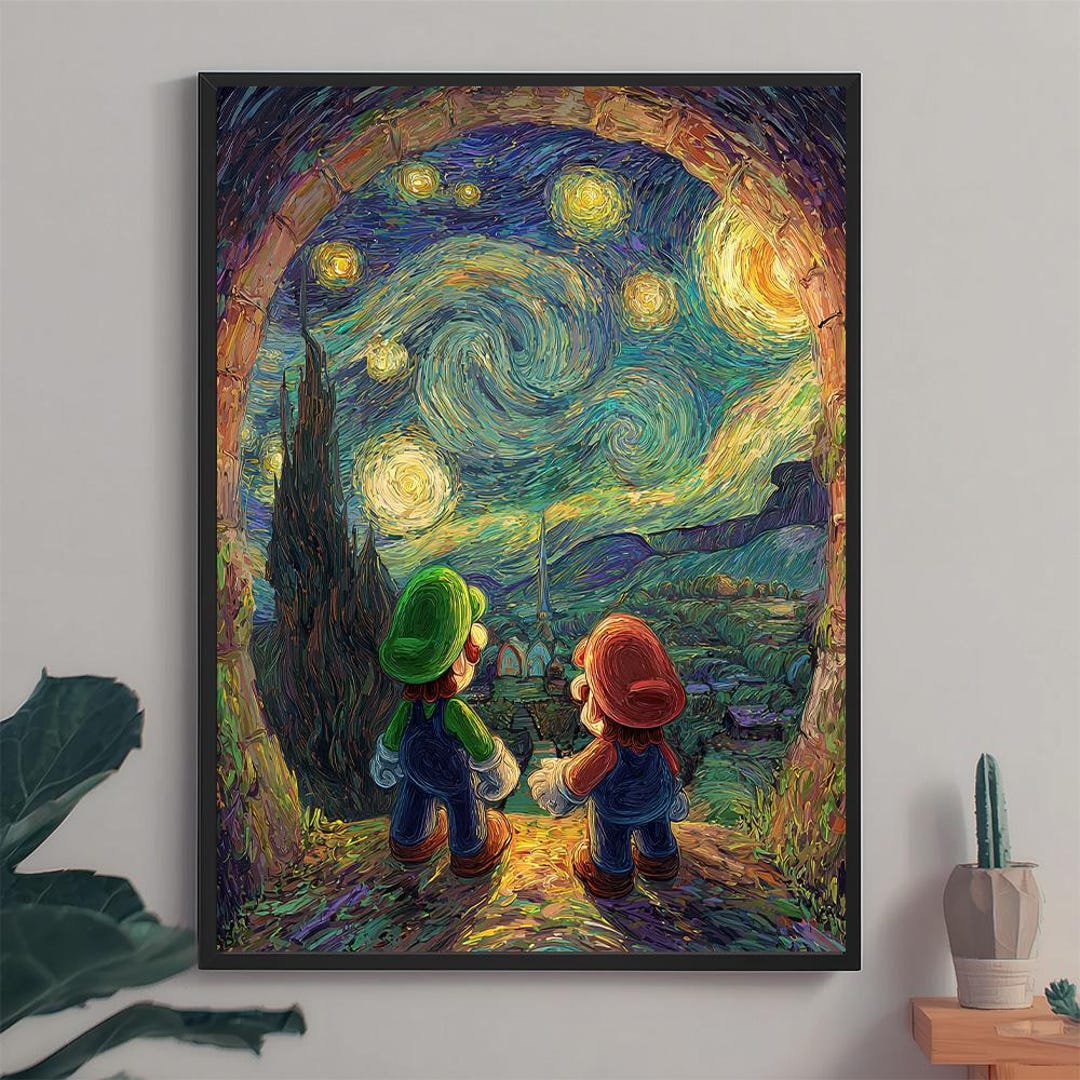 Mario & Luigi Starry Night Art – Dreamy Van Gogh Inspired Print ...