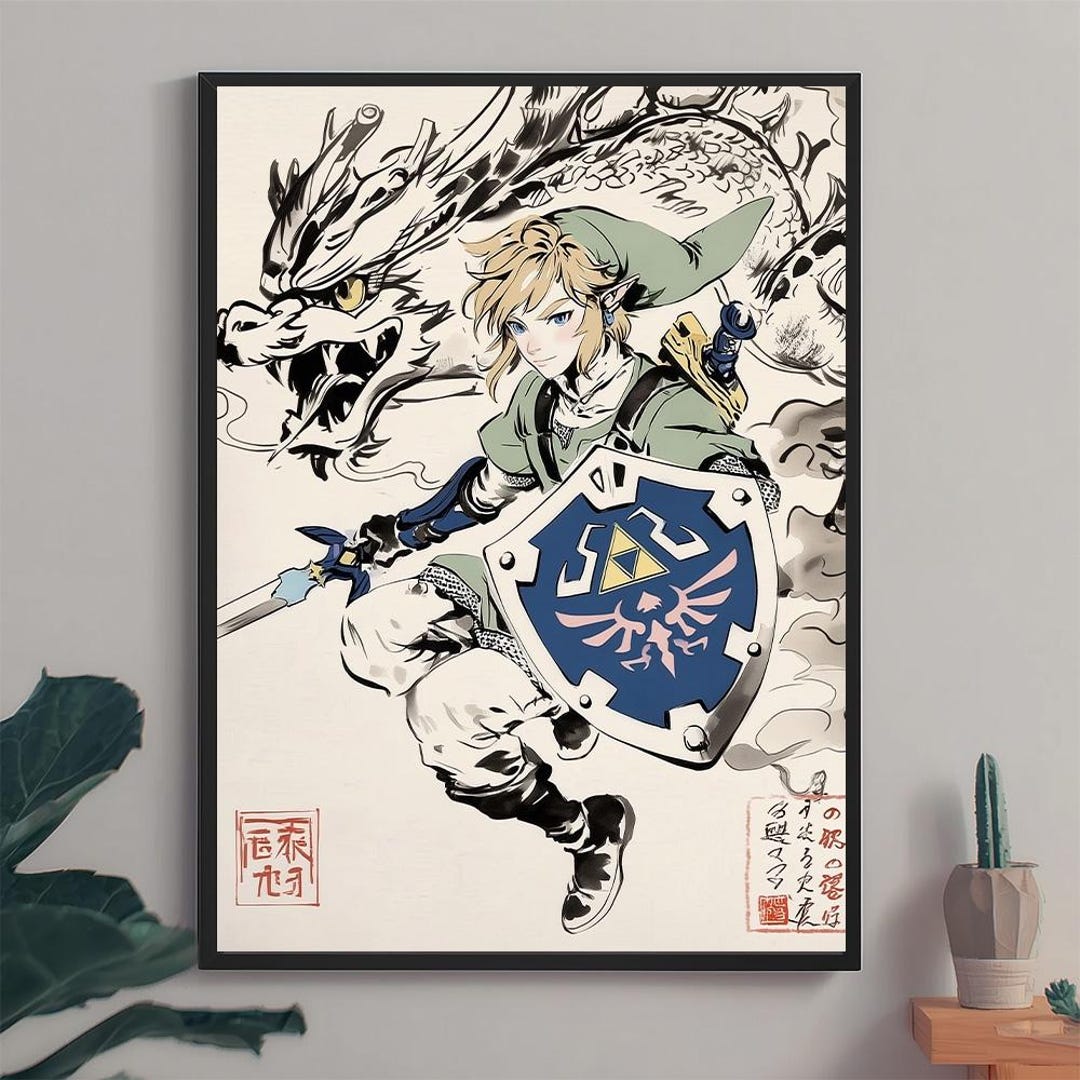Zelda Japanese Ink Art Poster: Link, BOTW Gaming Room Decor (digital ...