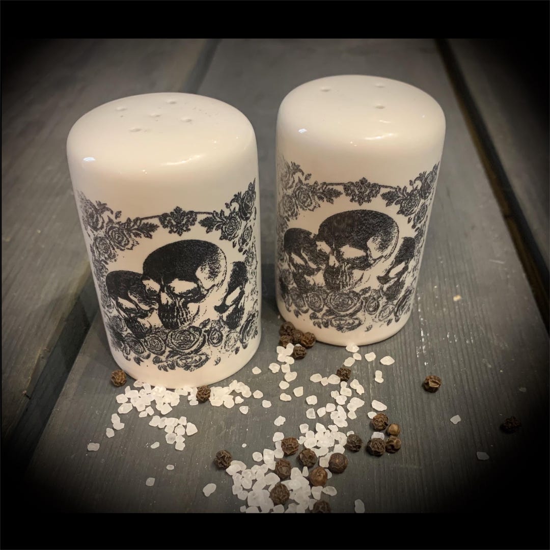 SALT PEPPER Shaker Deluxe SKULL & Rose White Engraved, Dinnerware ...